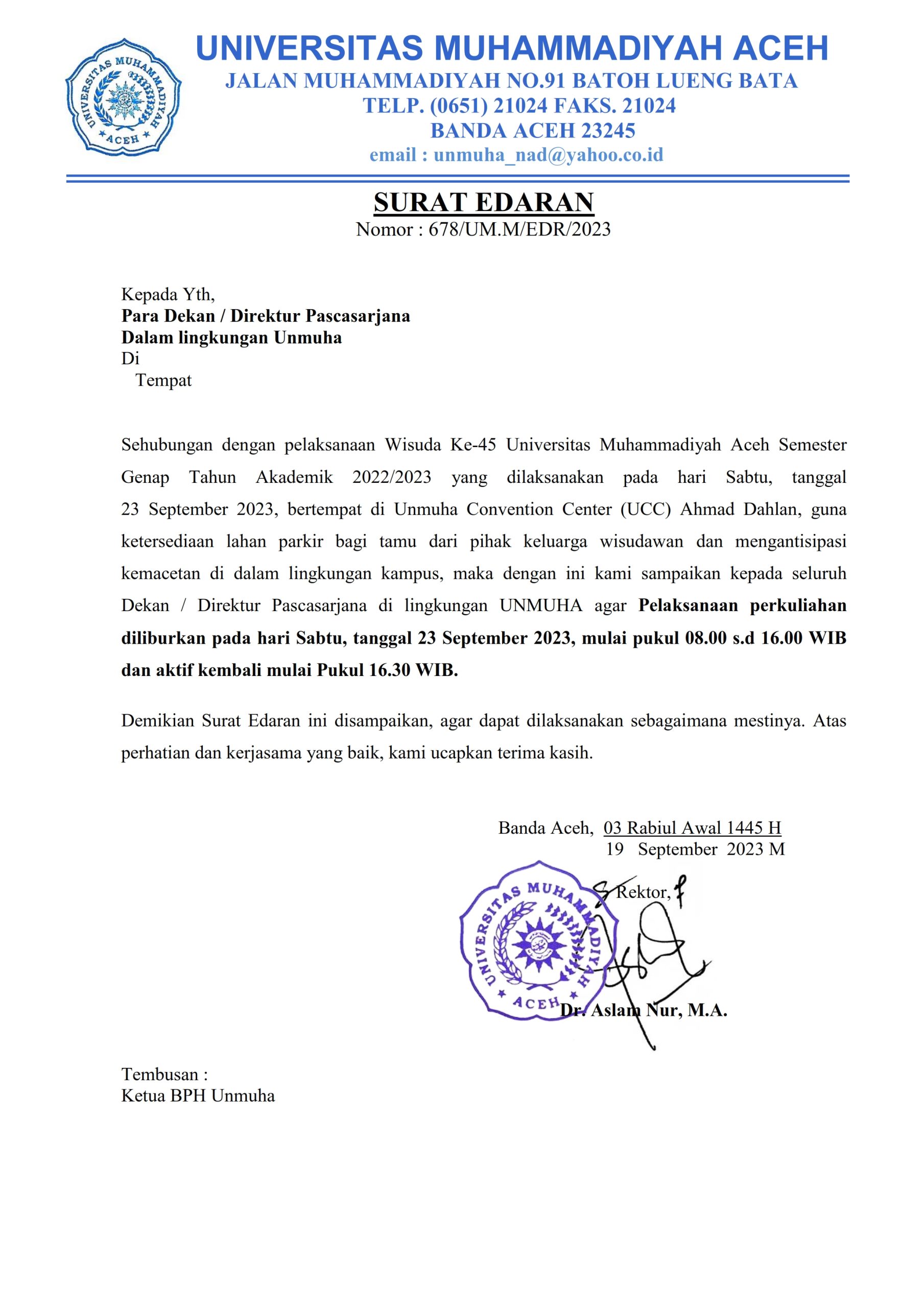 Edaran Rektor tentang Libur Kuliah pada Pelaksanaan Wisuda ...