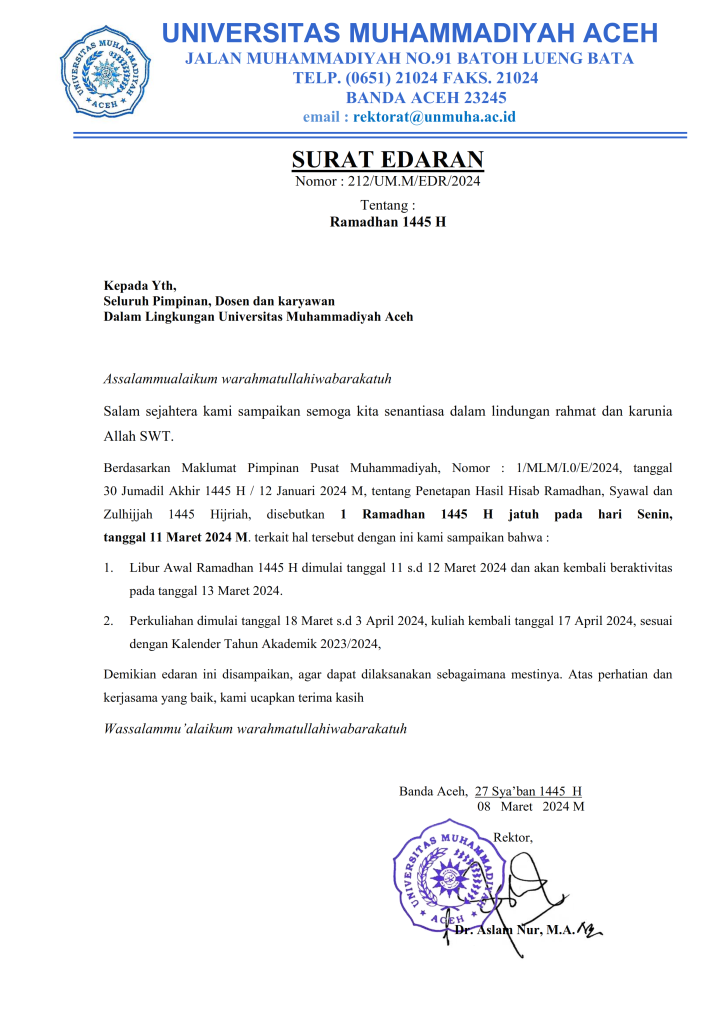 Edaran menyambut Bulan Ramadhan 1445 H - Universitas Muhammadiyah Aceh